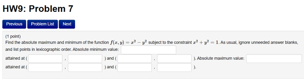 Solved HW9: Problem 7 Previous Problem List Next (1 point) | Chegg.com