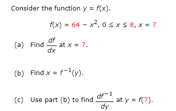 Solved Consider the function y=f(x). f(x)=64−x2,0≤x≤8,x=7 | Chegg.com
