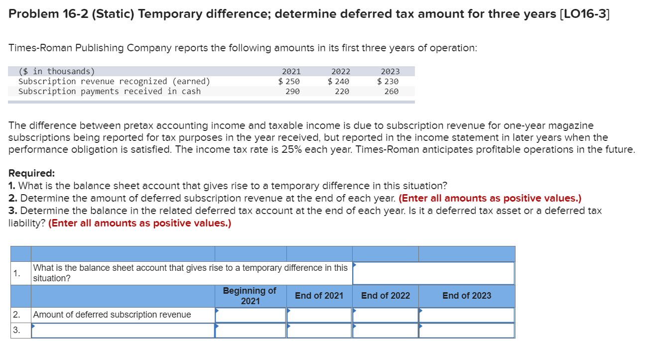 Solved Problem 16-2 (Static) Temporary difference; determine | Chegg.com
