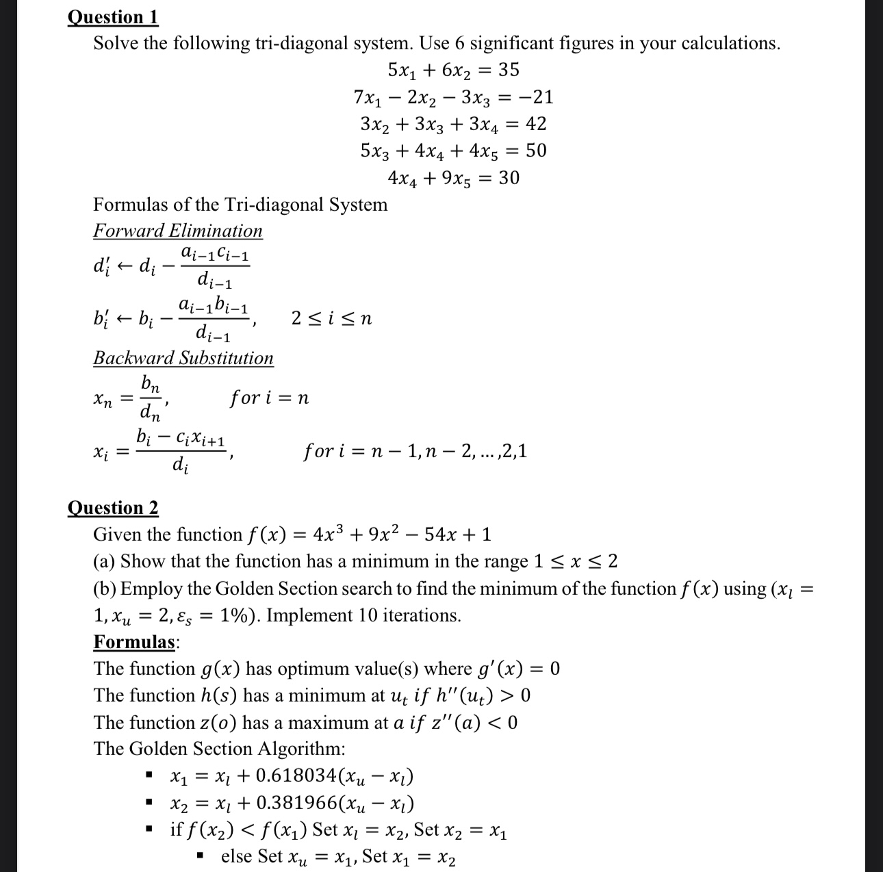 Solved Question 1solve The Following Tri Diagonal System