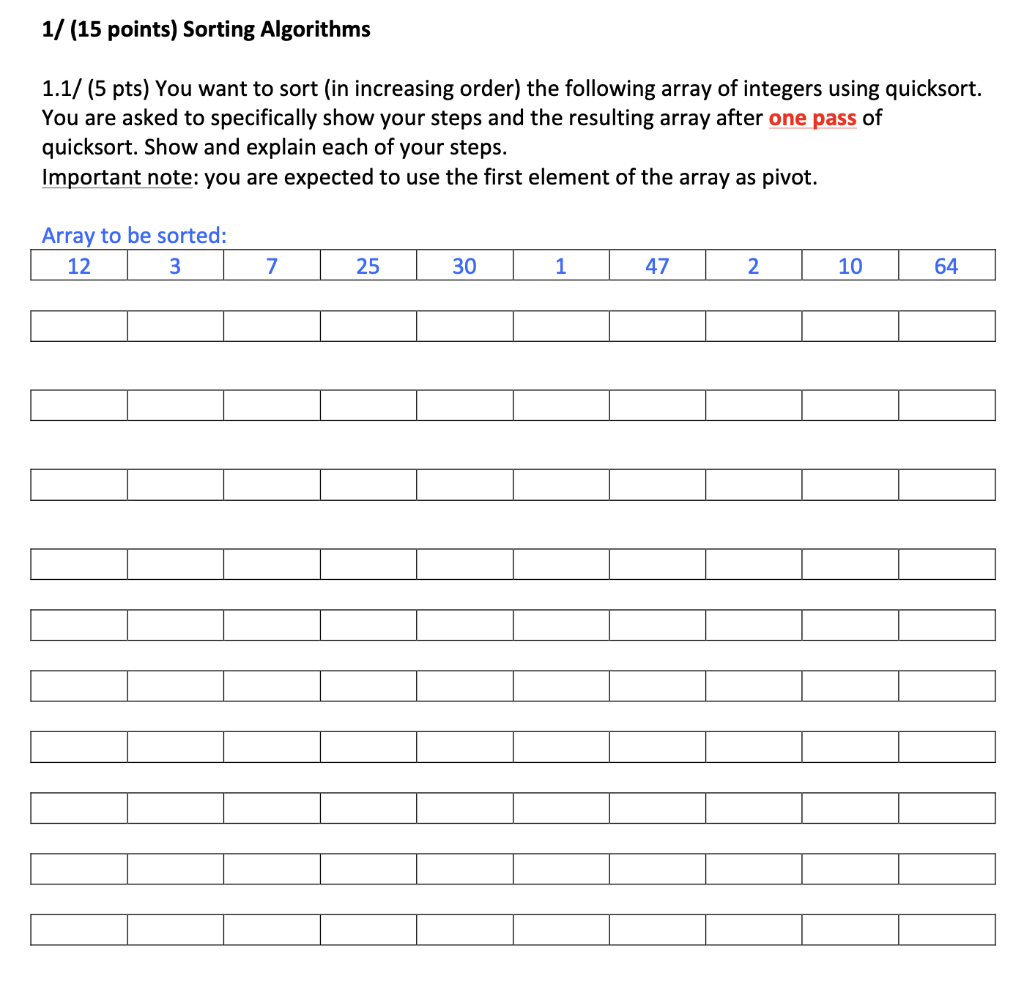 1.1/ (5 pts) You want to sort (in increasing order) | Chegg.com