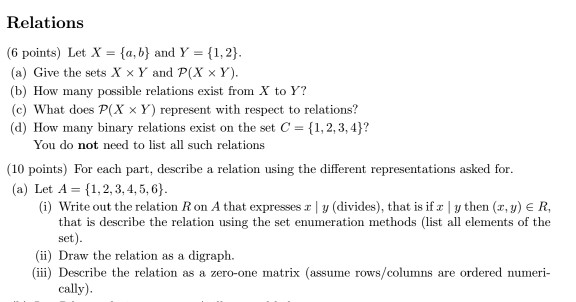 Solved Relations (6 points) Let X a, b and Y (1,2) (a) Give | Chegg.com