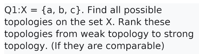 Solved = Q1:X = {a, b, c}. Find all possible topologies on | Chegg.com