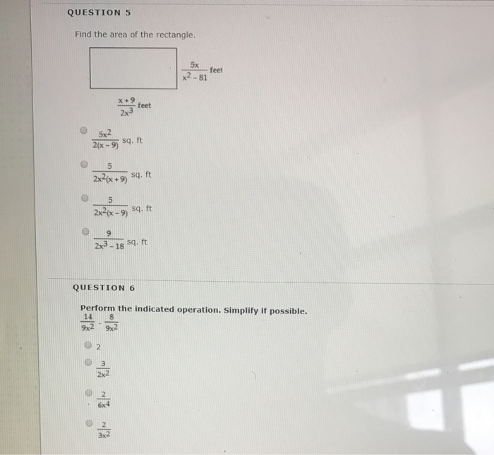 Solved QUESTION 5 Find the area of the rectangle. 5x x2-81 | Chegg.com