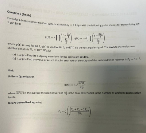 Solved Question 5 (20 pts) Consider a binary communication | Chegg.com