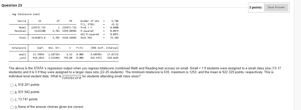 Solved • reg totalscore small Source SS df MS Model Residual | Chegg.com