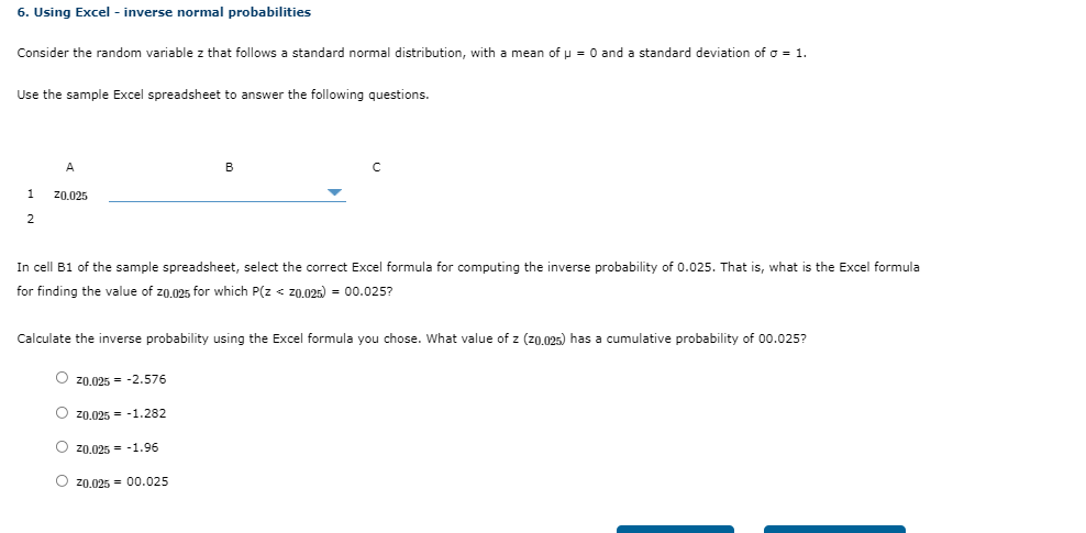 Solved 6. Using Excel-inverse normal probabilities Consider | Chegg.com