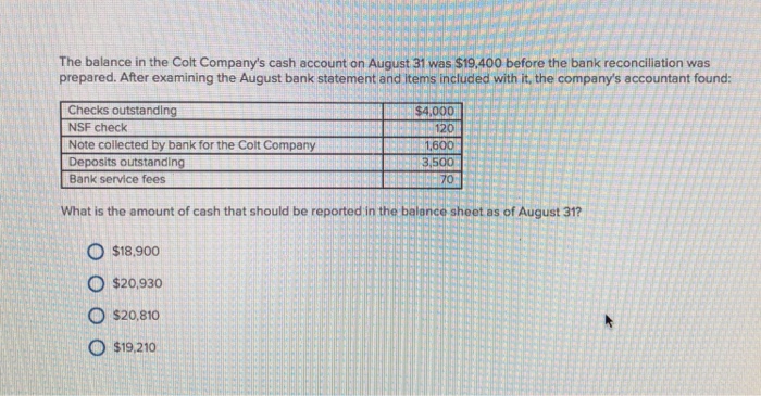 Solved The balance in the Colt Company's cash account on | Chegg.com