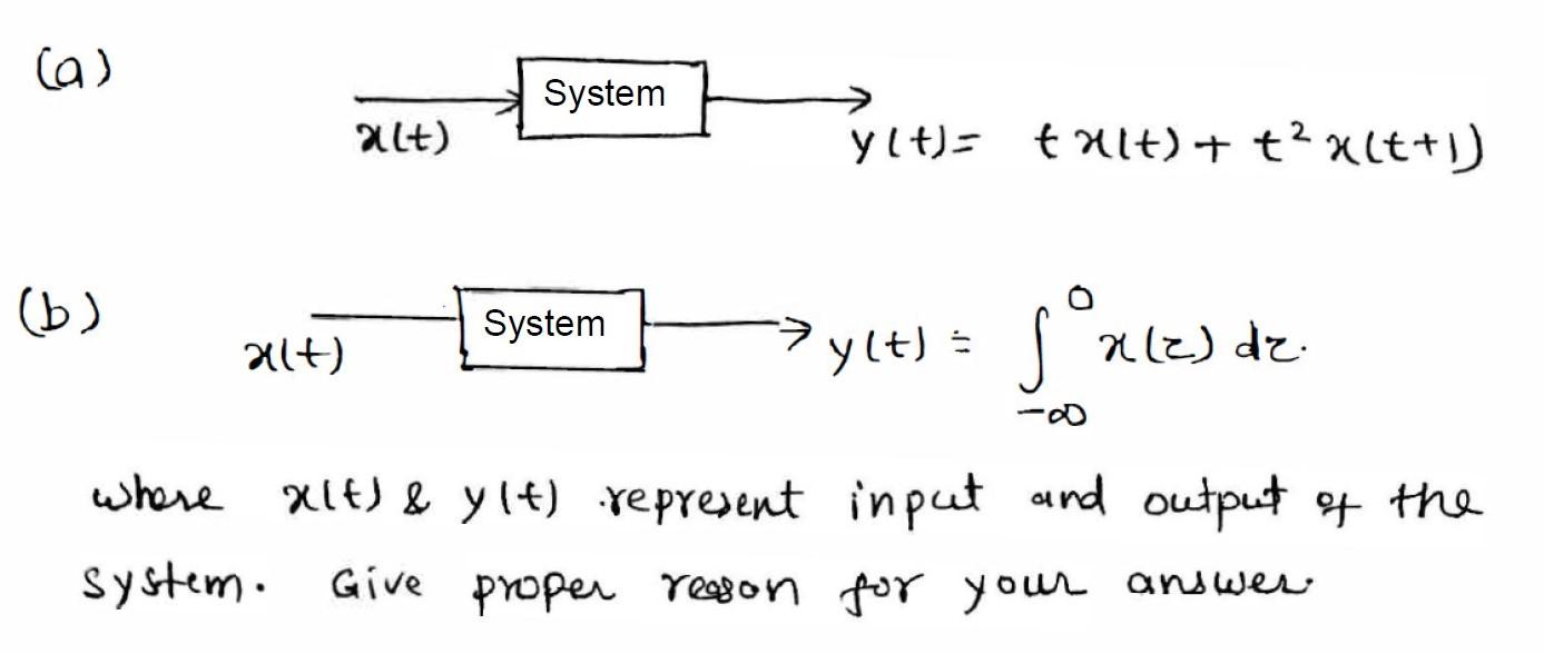 Solved Check the following systems for (i) Linearity (ii) | Chegg.com