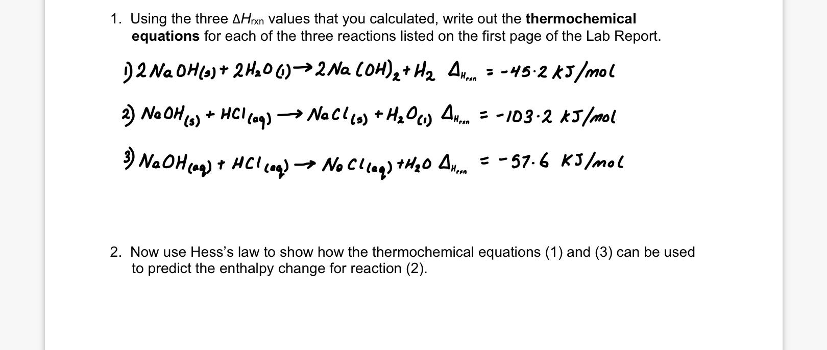 1. Using the three AHrxn values that you calculated, | Chegg.com