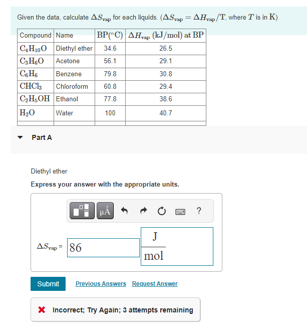 Solved Given the data, calculate ΔSvapΔ vap for each | Chegg.com