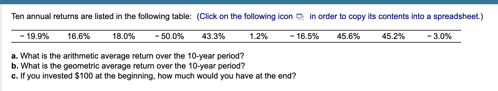 Solved a. What is the arithmetic average return over the 10 | Chegg.com
