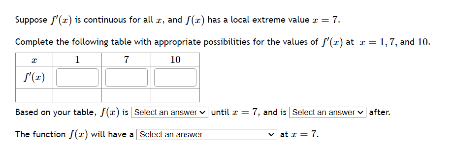 Solved Suppose f′(x) is continuous for all x, and f(x) has a | Chegg.com