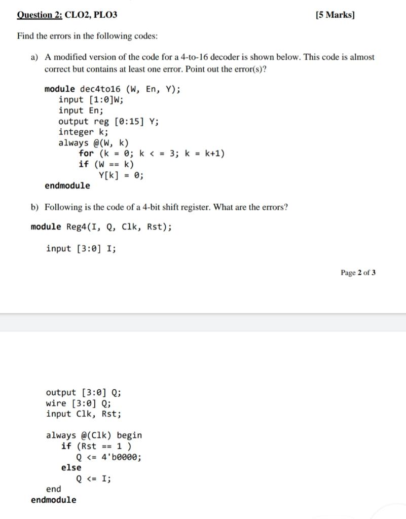 Solved Question 2: CLO2, PLO3 (5 Marks) Find the errors in | Chegg.com
