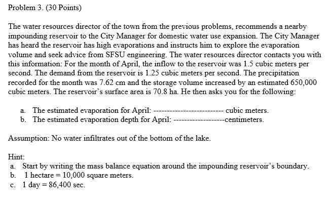 Solved The water resources director of the town from the | Chegg.com