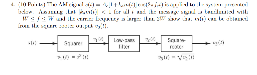 Solved 4. (10 Points) The AM signal s(t) = Ac[1+kam(t)] | Chegg.com