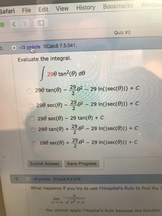 Solved Evaluate the integral. integral 29 theta tan^2 | Chegg.com