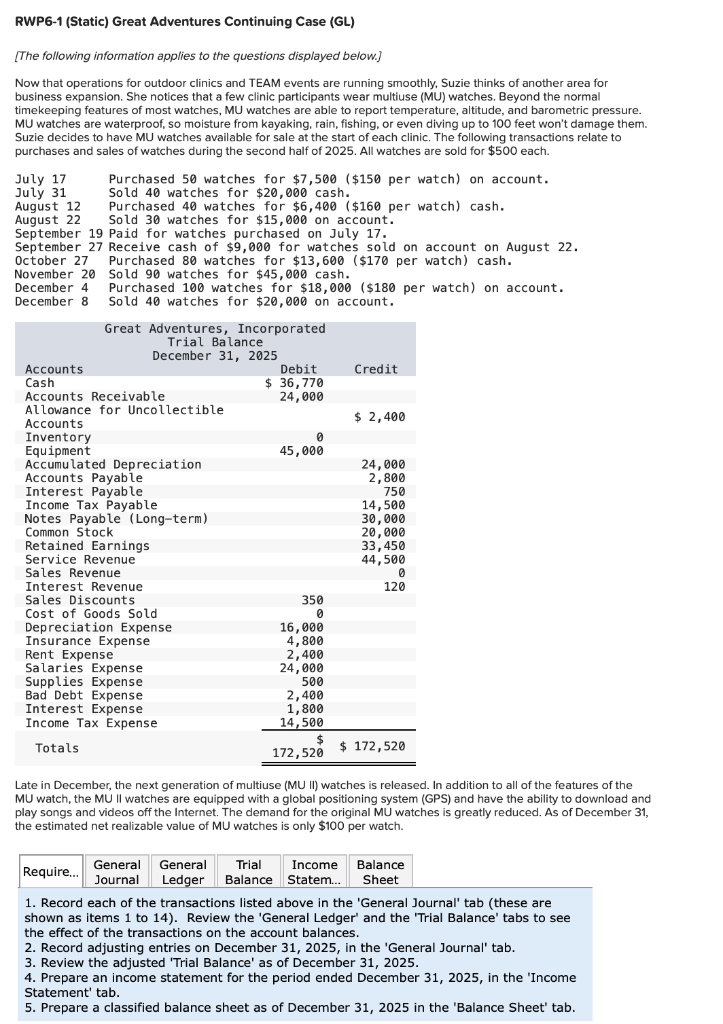 Solved RWP6-1 (Static) Great Adventures Continuing Case (GL) | Chegg.com