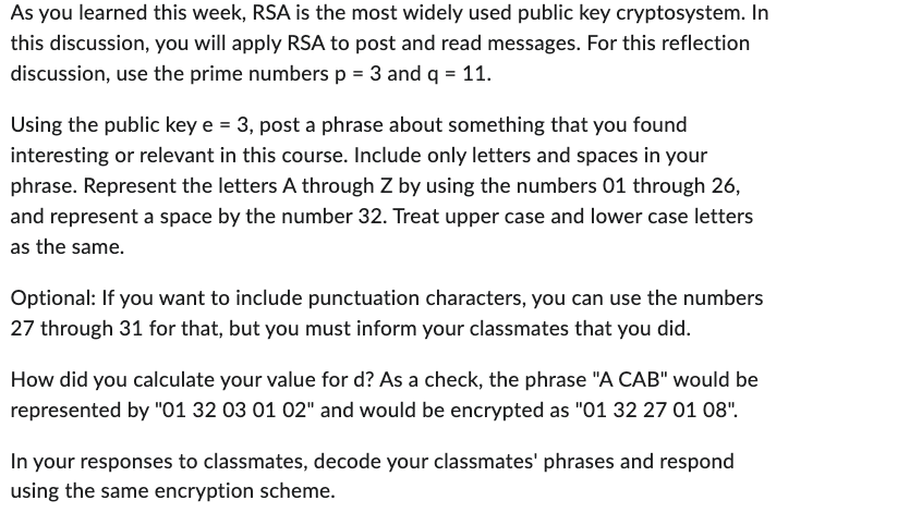 Solved In this discussion, you will apply RSA to post and | Chegg.com
