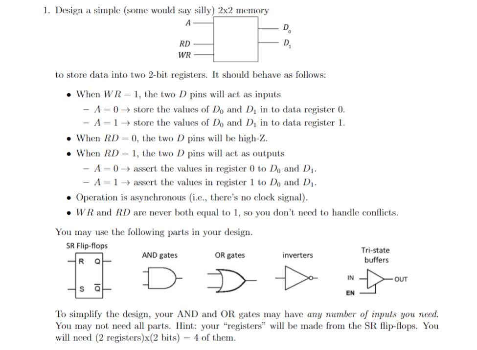 Solved 1. Design a simple (some would say silly) 2x2 memory | Chegg.com