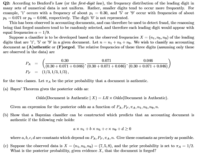 Q2: According to Benford's Law (or the first-digit | Chegg.com