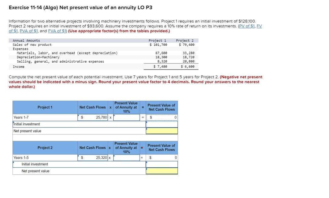 Solved Exercise 11-14 (Algo) Net present value of an annuity | Chegg.com