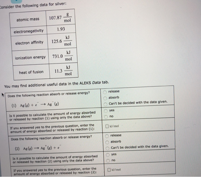 Solved onsider the following data for silver: atomic mass | Chegg.com
