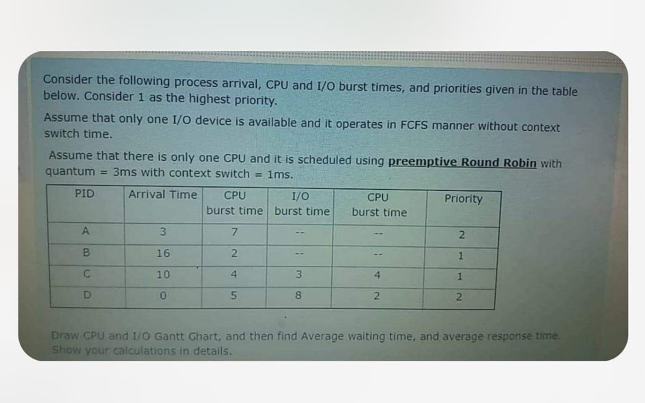 Solved Consider the following process arrival, CPU and I/O | Chegg.com