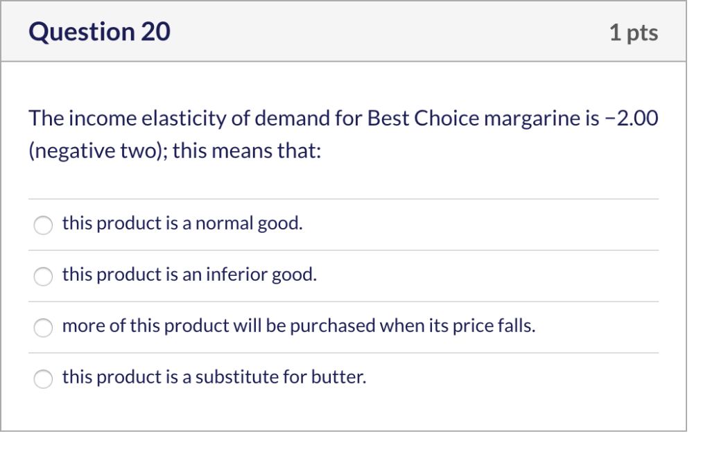 Solved Question 20 1 pts The income elasticity of demand for | Chegg.com