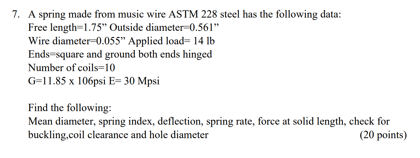 Solved 7. A spring made from music wire ASTM 228 steel has | Chegg.com