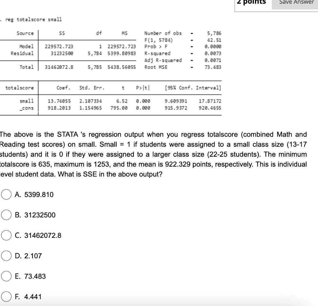 Solved 2 points Save Answer . reg totalscore small Source SS | Chegg.com