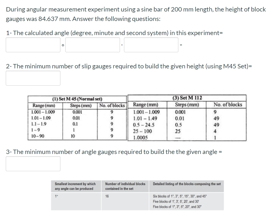 Solved During angular measurement experiment using a sine | Chegg.com