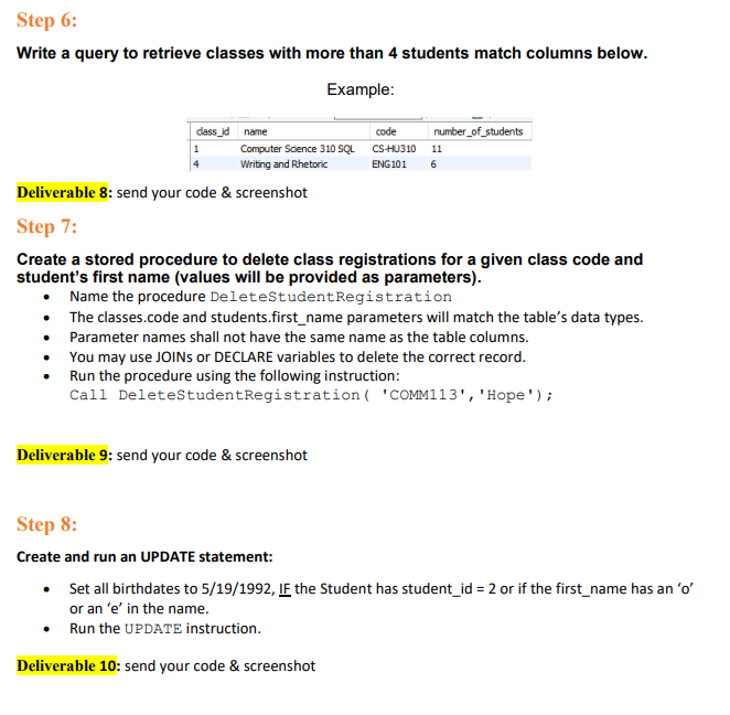 Solved Tables classes Columns class_id name description code | Chegg.com