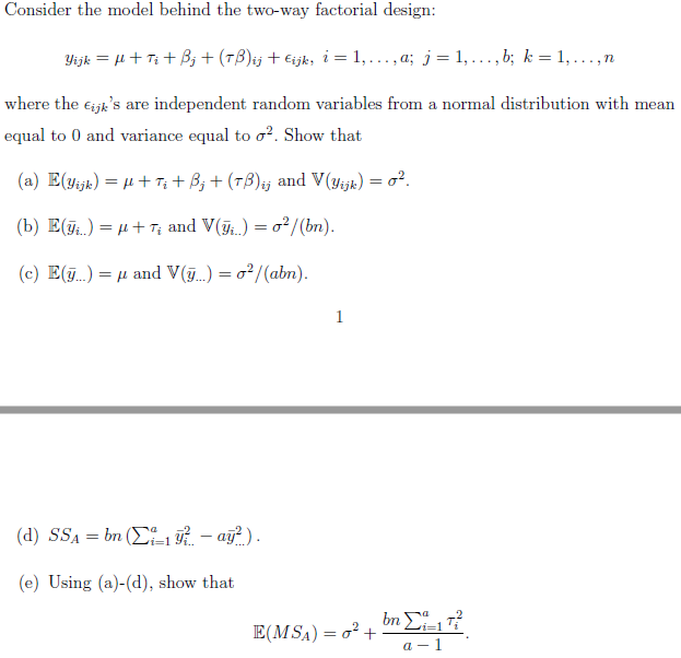Consider the model behind the two-way factorial | Chegg.com