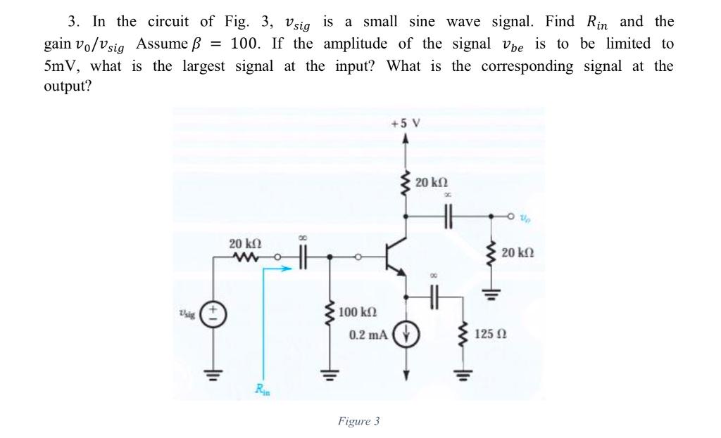 Solved 3. In the circuit of Fig. 3, Vsig is a small sine | Chegg.com