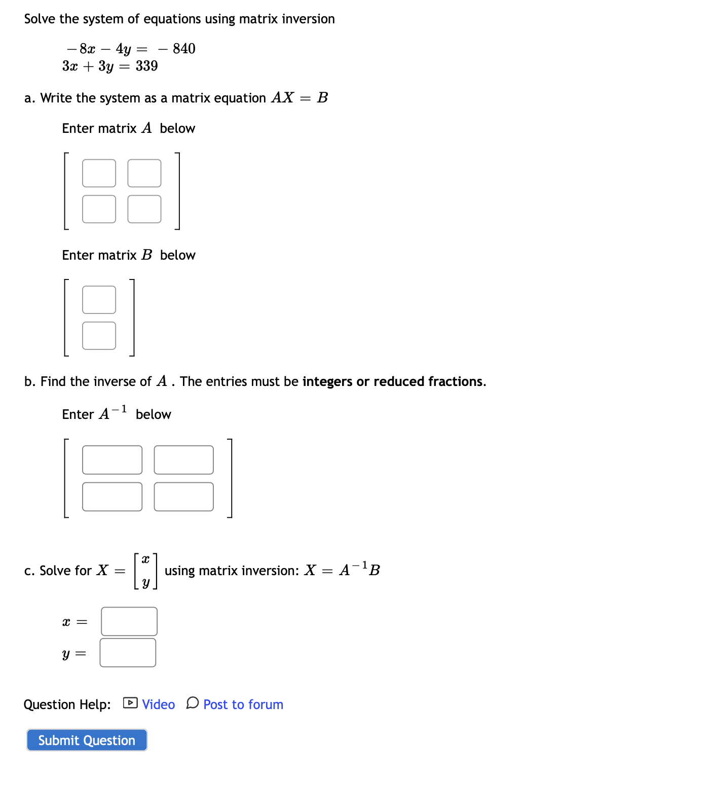 Solved Solve the system of equations using matrix inversion | Chegg.com