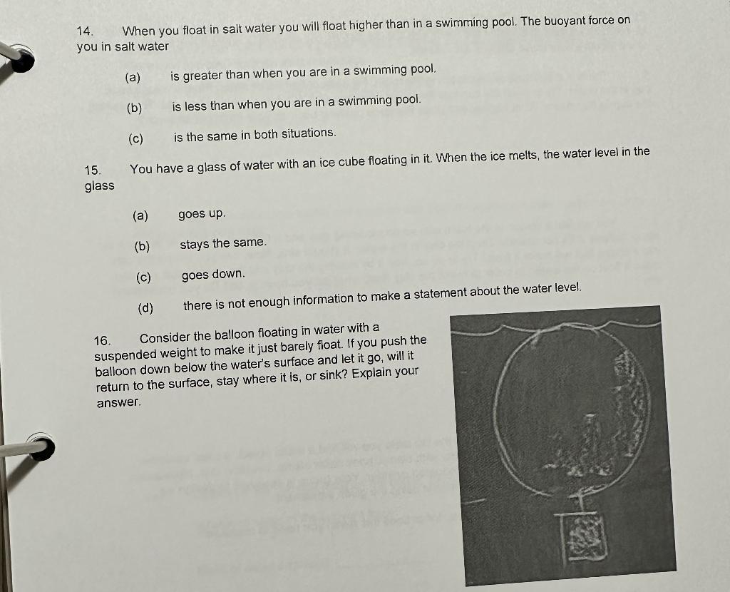 Solved 14. When you float in salt water you will float | Chegg.com