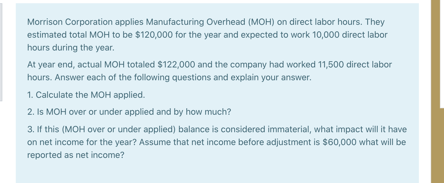 Solved Morrison Corporation applies Manufacturing Overhead | Chegg.com