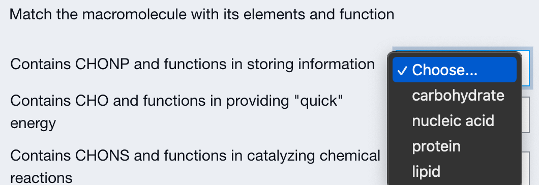 Solved Match the macromolecule with its elements and | Chegg.com