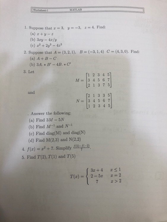 Solved Worksheet-1 MATLAB 1. Suppose that 3, y3, 4. Find: | Chegg.com