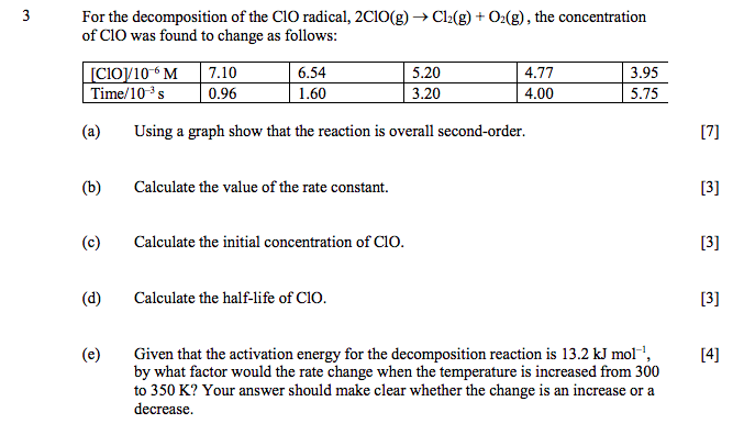 Solved For the decomposition of the ClO radical, 2CIO(g) | Chegg.com