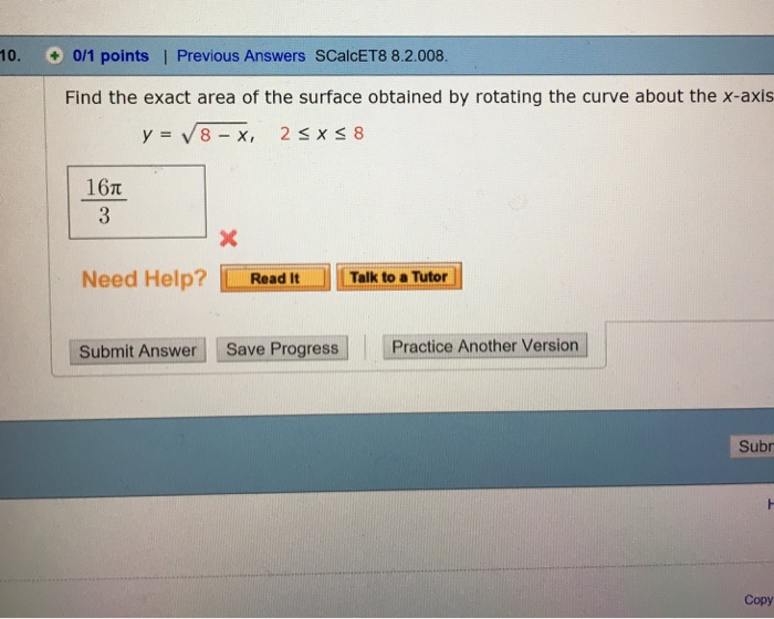 Solved 10. 0/1 points | Previous Answers SCalcET8 8.2.008 | Chegg.com