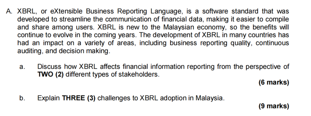 Solved A. XBRL, or eXtensible Business Reporting Language, | Chegg.com