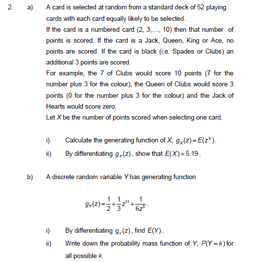 Solved 2. a) A card is selected at random from a standard | Chegg.com