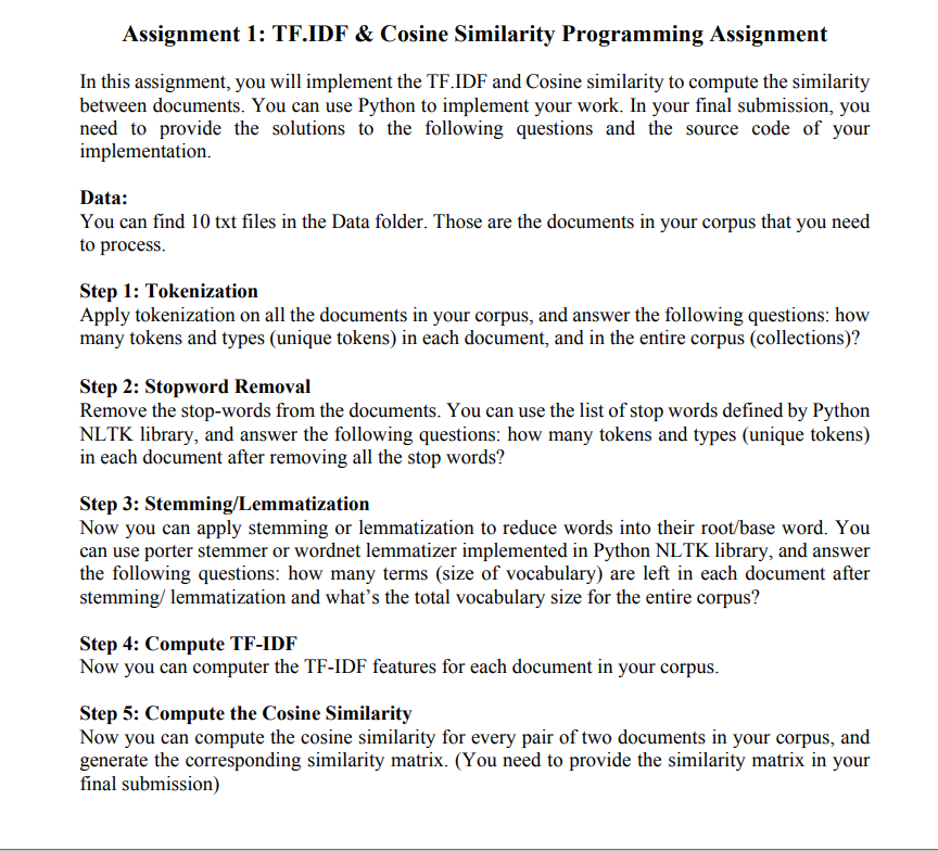 Assignment 1 TF IDF Cosine Similarity Programming Chegg