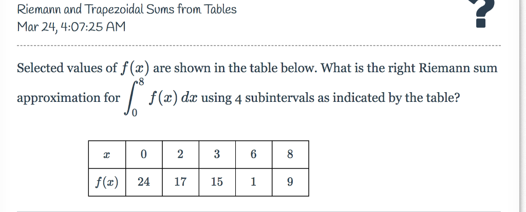 Solved Riemann and Trapezoidal Sums from Tables Mar | Chegg.com