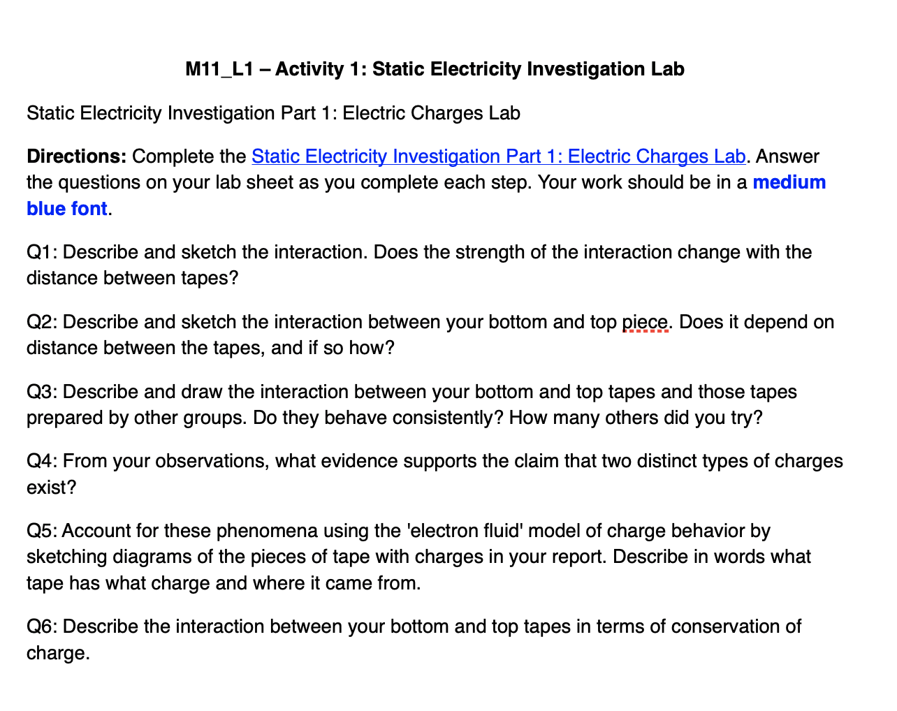 M11_L1 - Activity 1: Static Electricity Investigation | Chegg.com
