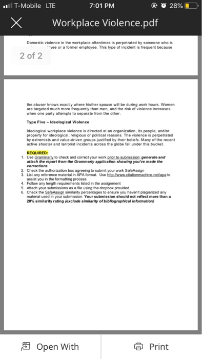 Solved T-Mobile LTE 7:01 PM XWorkplace Violence.pdf Using | Chegg.com