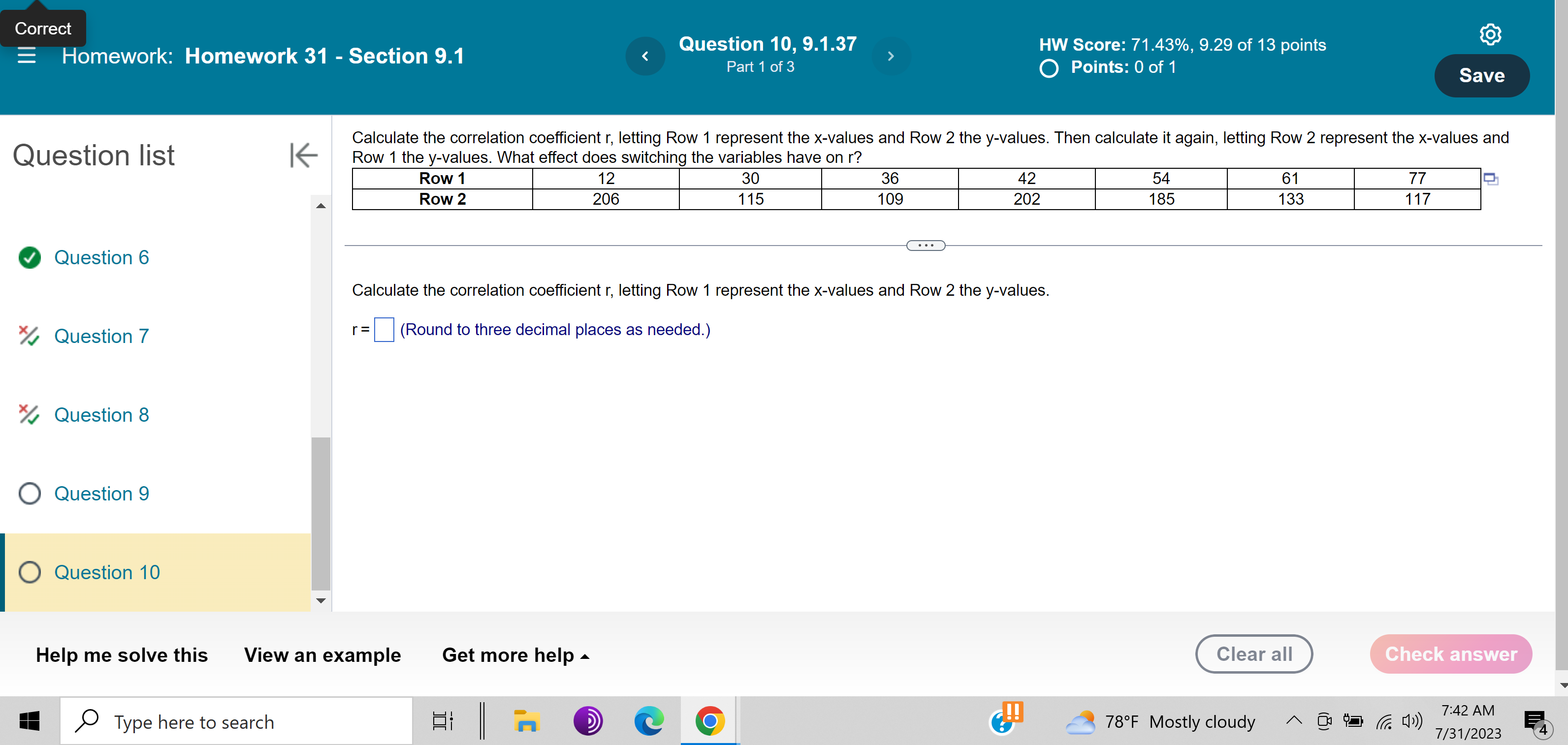 Solved Calculate the correlation coefficient r, letting Row | Chegg.com