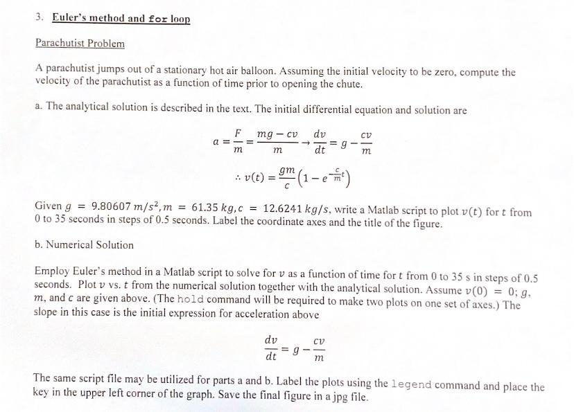 Solved 3. Euler's method and for loop Parachutist Problem A | Chegg.com